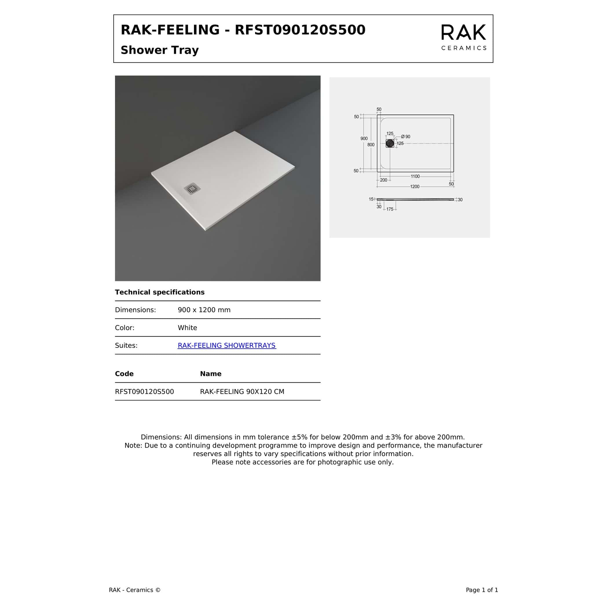 RAK Feeling Rectangular Shower Tray - 1200mm x 900mm - Bubly Bathrooms